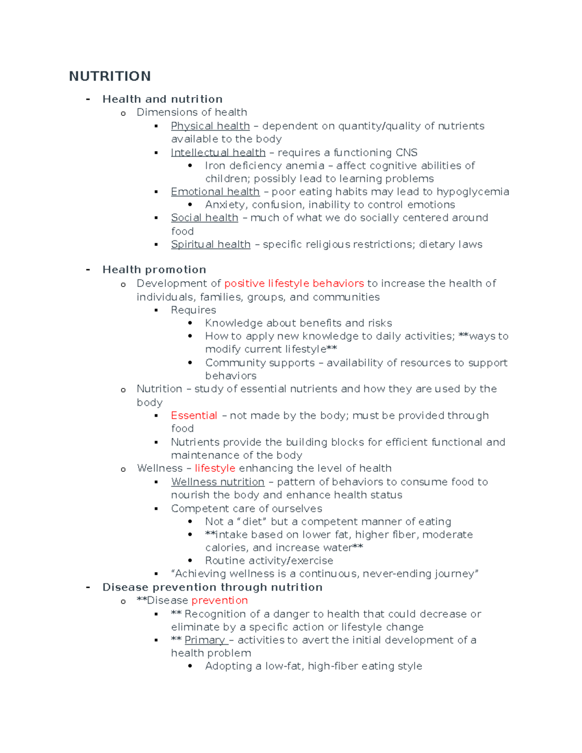 HA Exam 3 Material - Study guide - NUTRITION Health and nutrition o ...