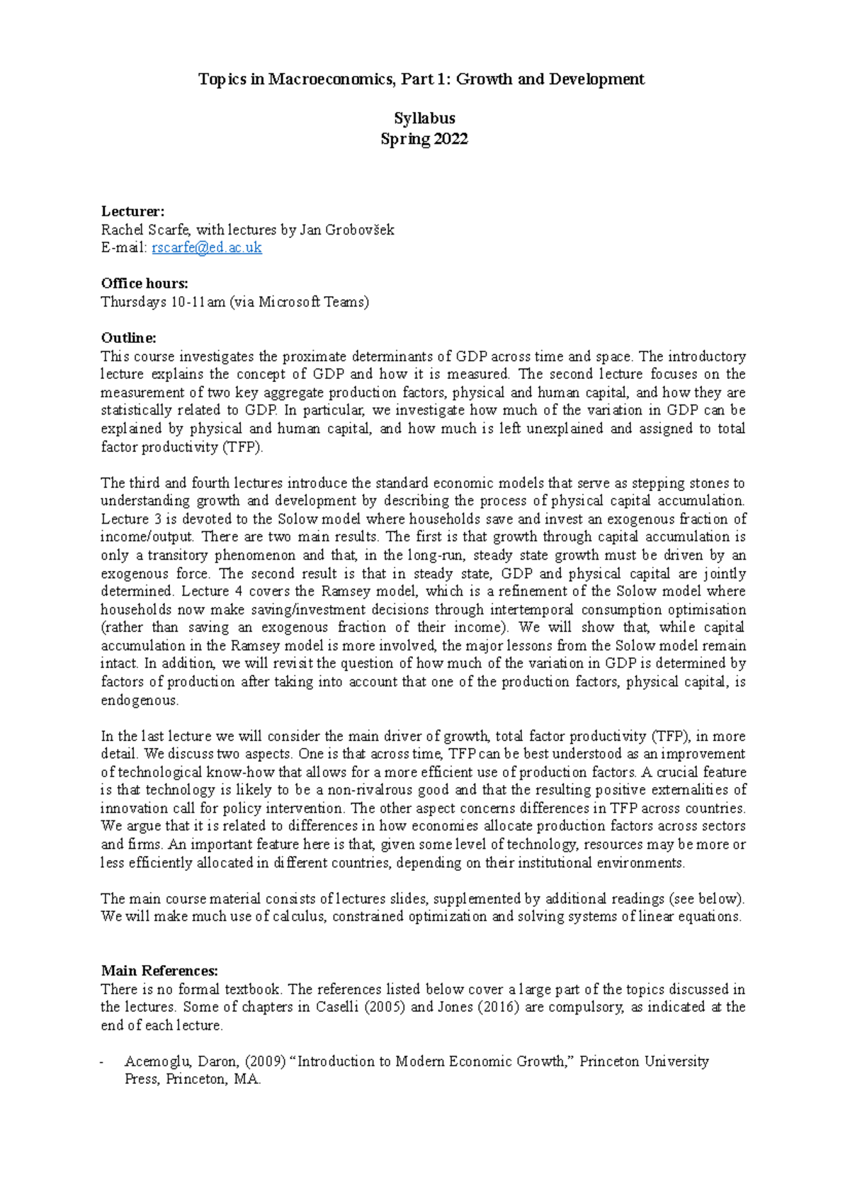 Course Outline Lecture Notes Topics In Macroeconomics Part 1 Growth 