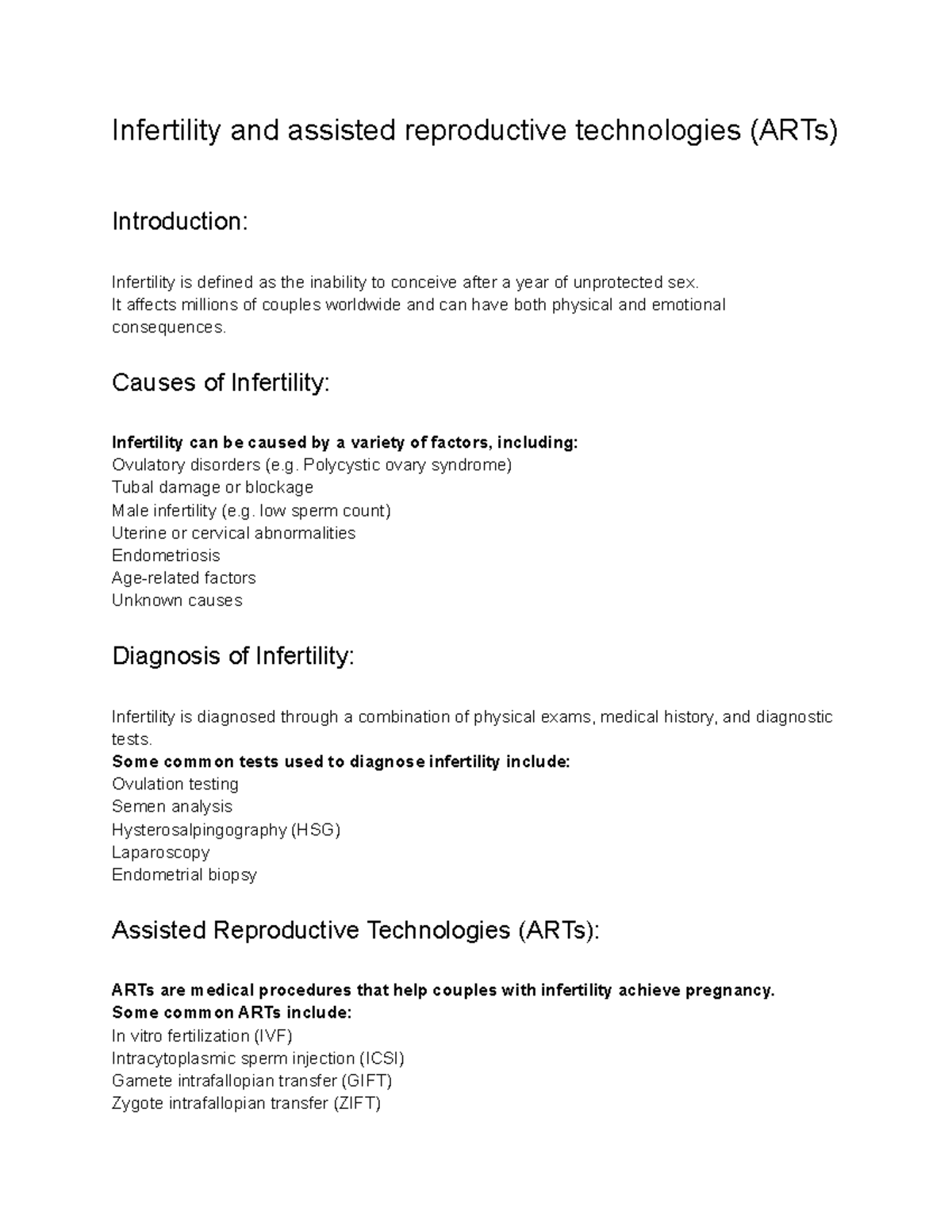 Reproductive Health Lecture 18 - Infertility and assisted reproductive technologies (ARTs) - Studocu