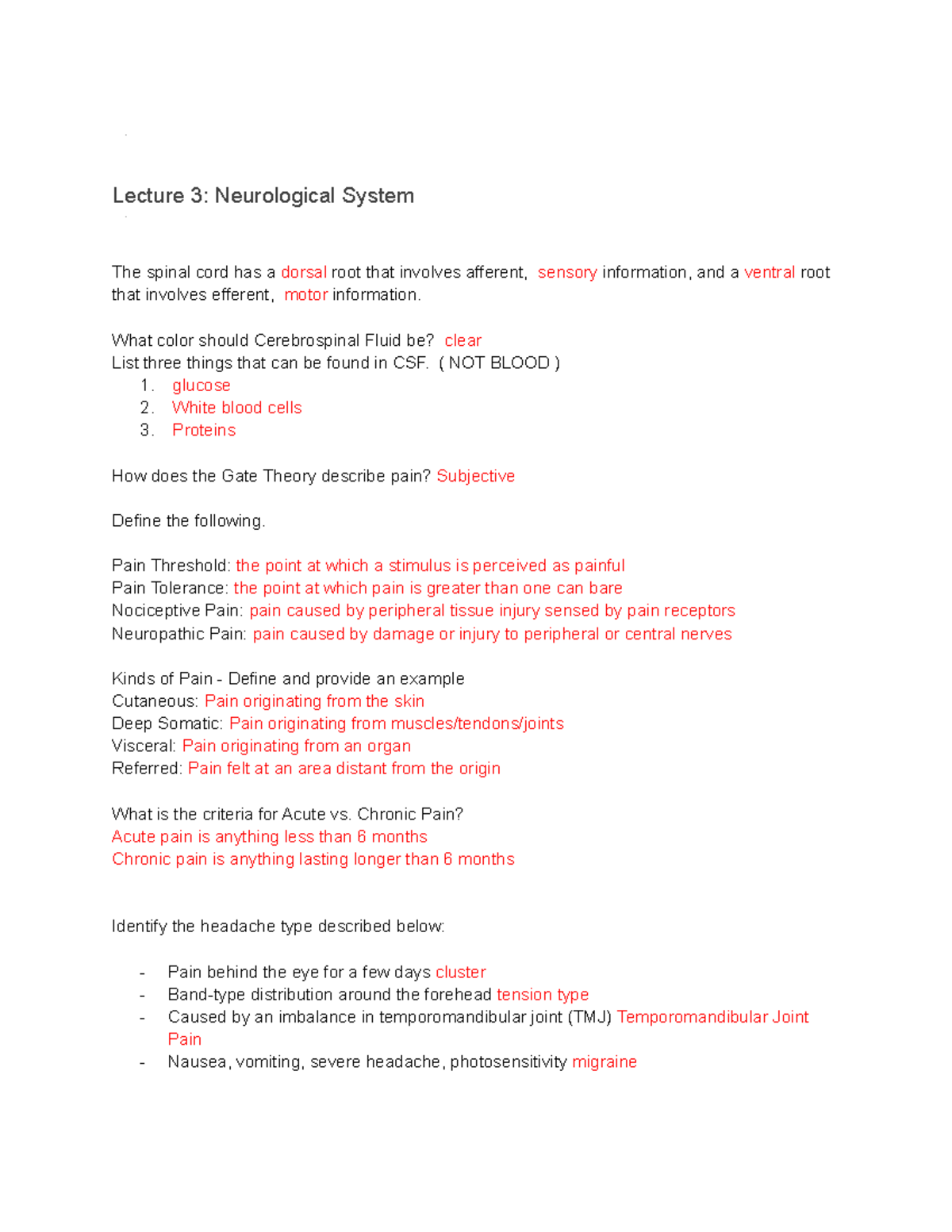 Answer KEY Exam 2 Neuro - Study GUide - Lecture 3: Neurological System ...