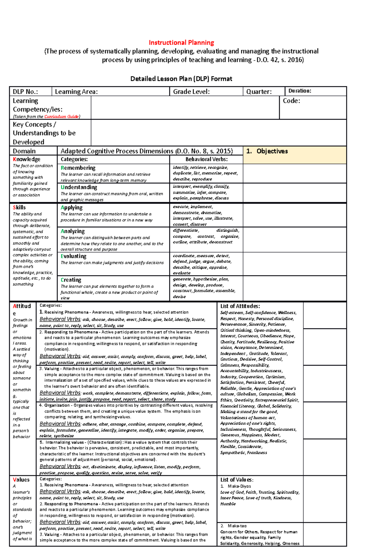 DLP Template with Verbs - Instructional Planning (The process of ...