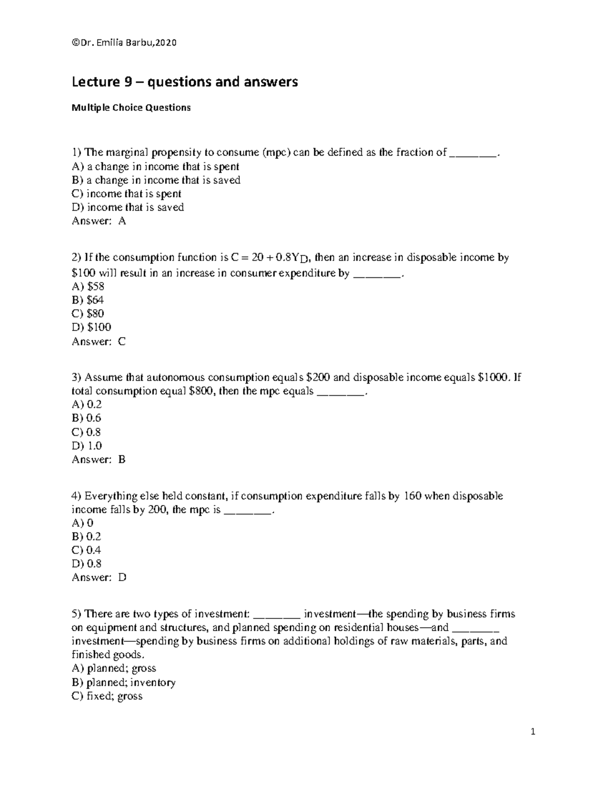 Lecture 9 - questions and answers - ECN 504 - Toronto Met - Studocu