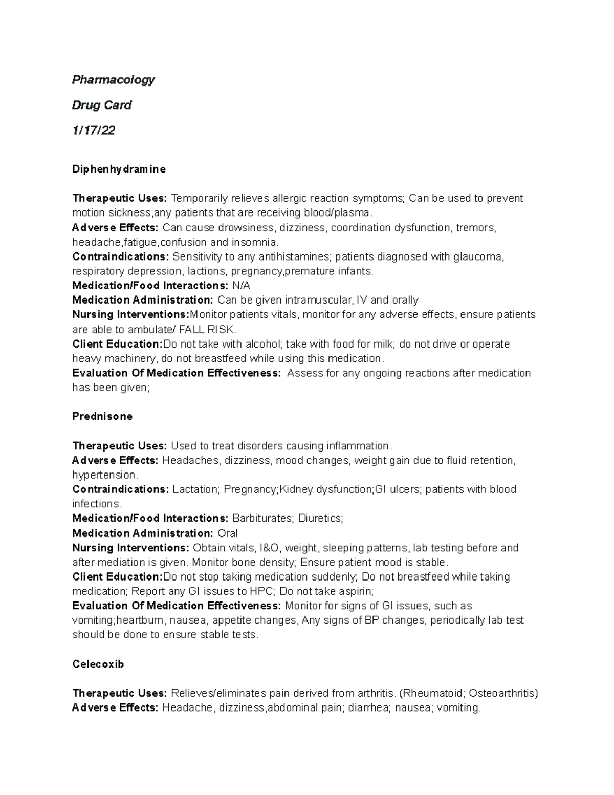 Pharmacology - lecture notes - Pharmacology Drug Card 1/17 ...