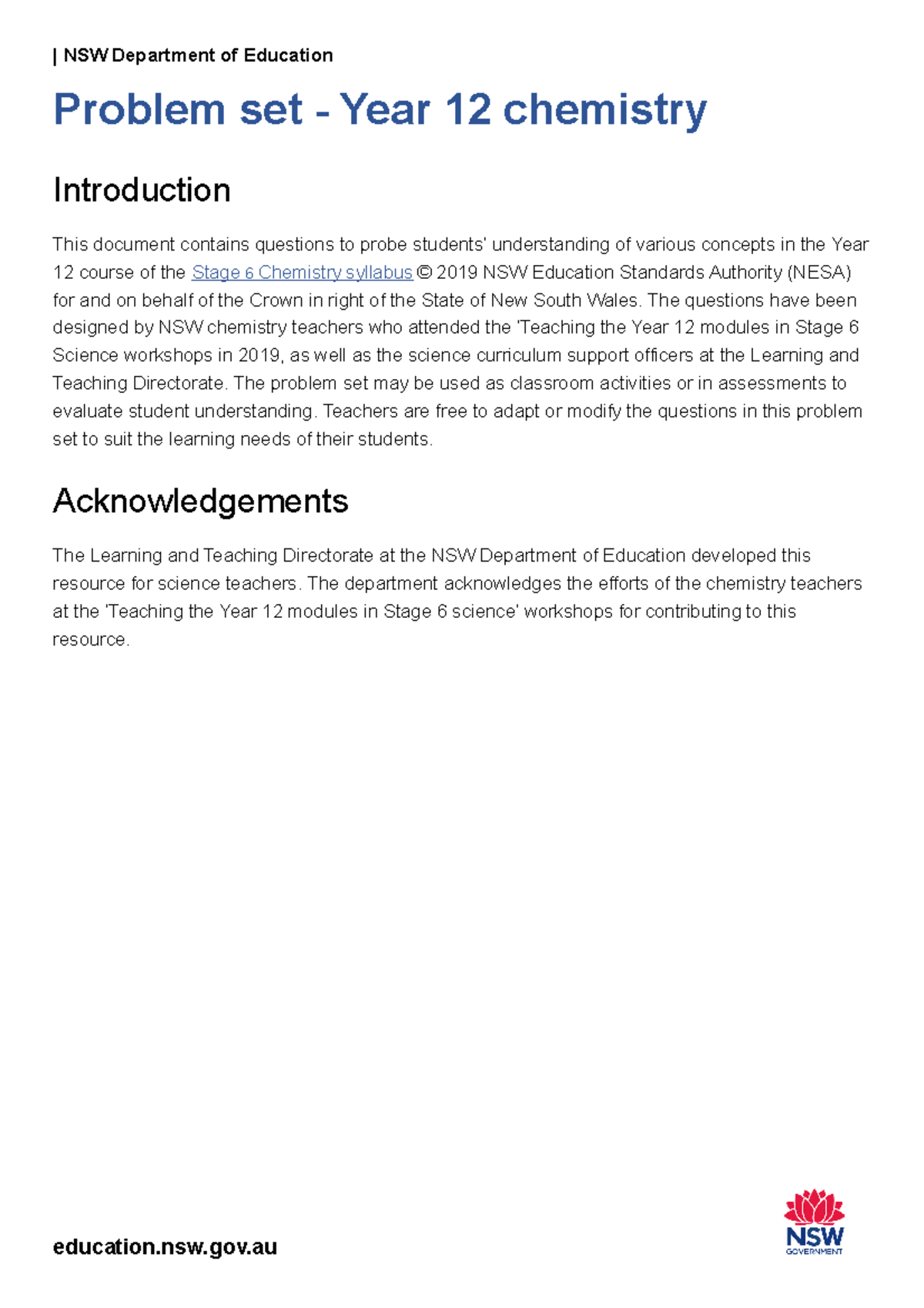 Chemistry Year 12 modules Problem Set - | NSW Department of Education ...