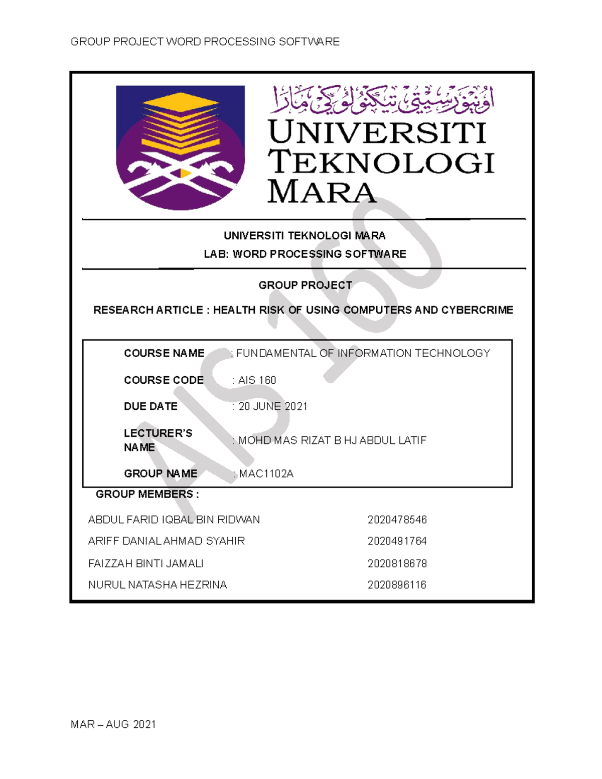 Lab: Word Processing Software (5%)-AIS160 - UNIVERSITI TEKNOLOGI MARA ...
