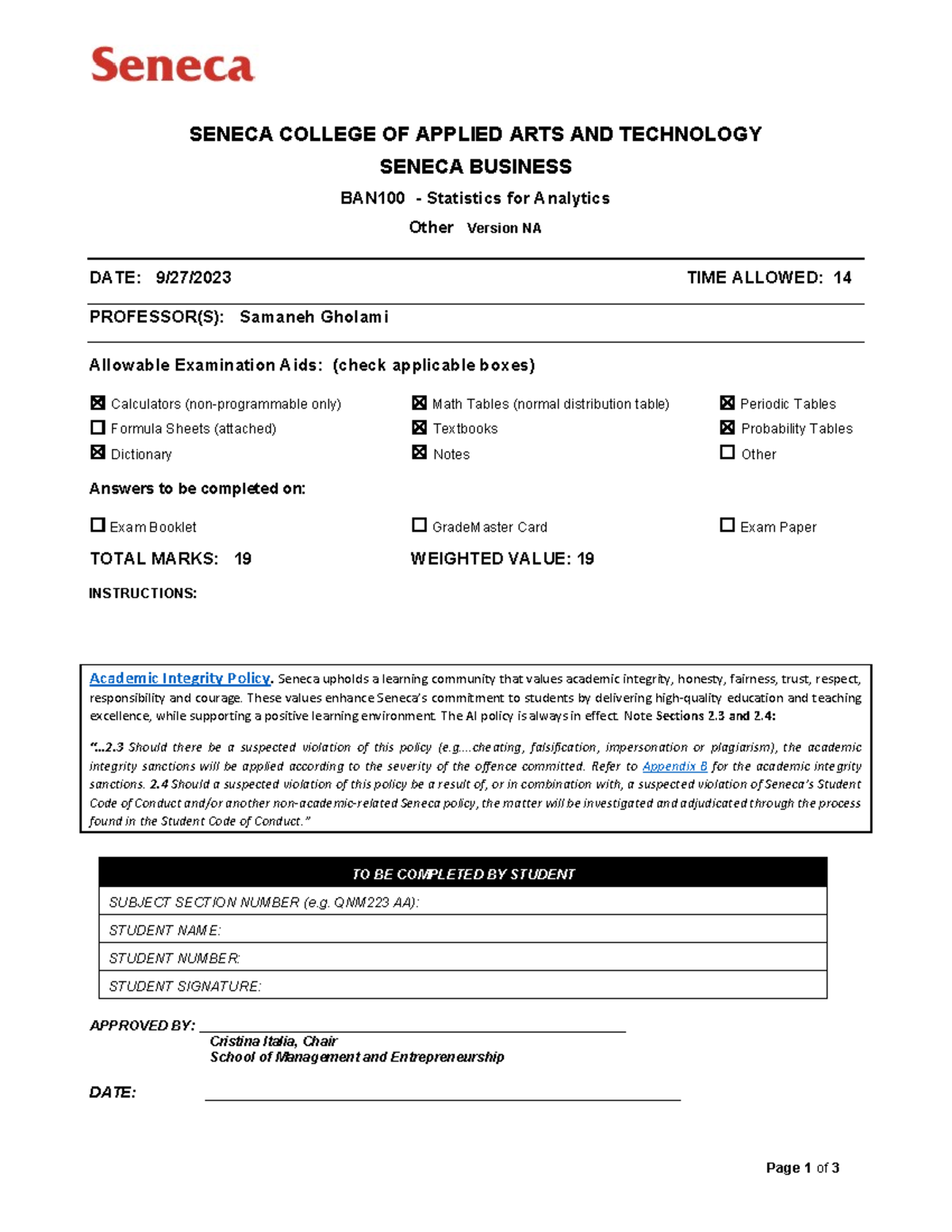 Assignment_1_T_Test - ####### Page 1 of 3 SENECA COLLEGE OF APPLIED ...