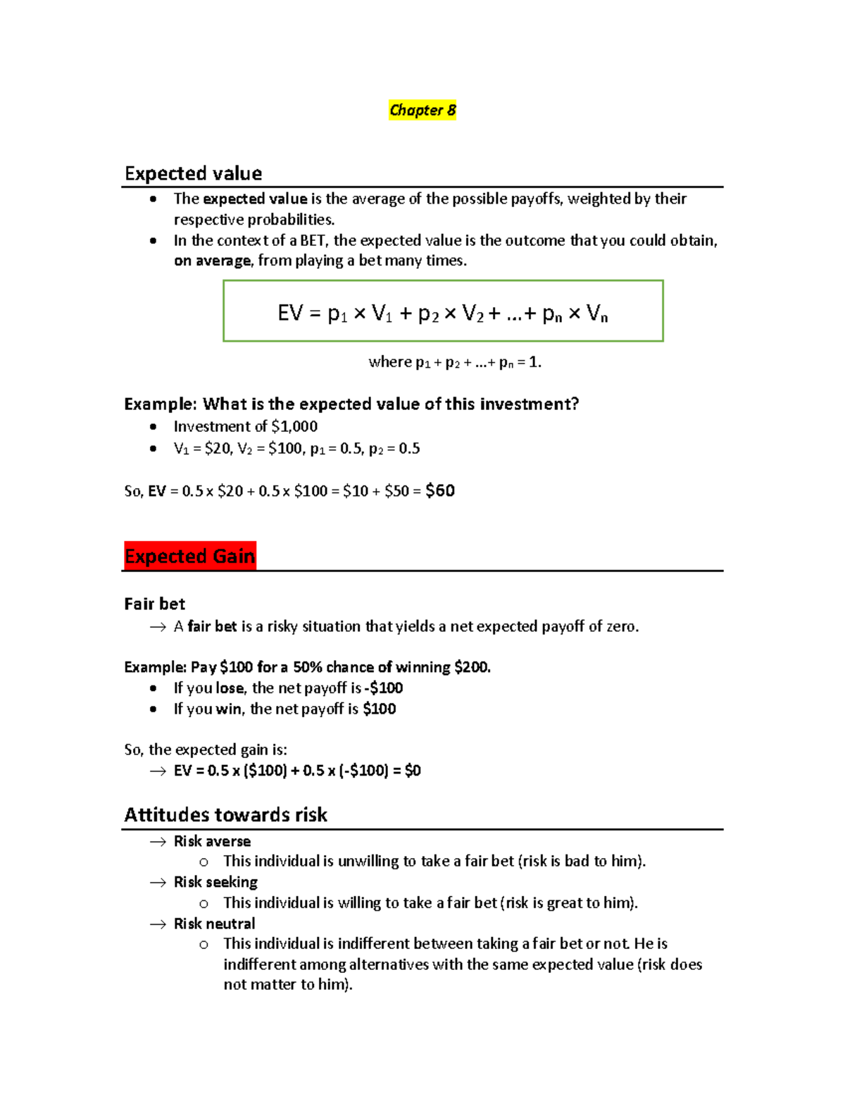 Revision for the quiz 8-9-10 Microeconomic - Chapter 8 Expected value ...