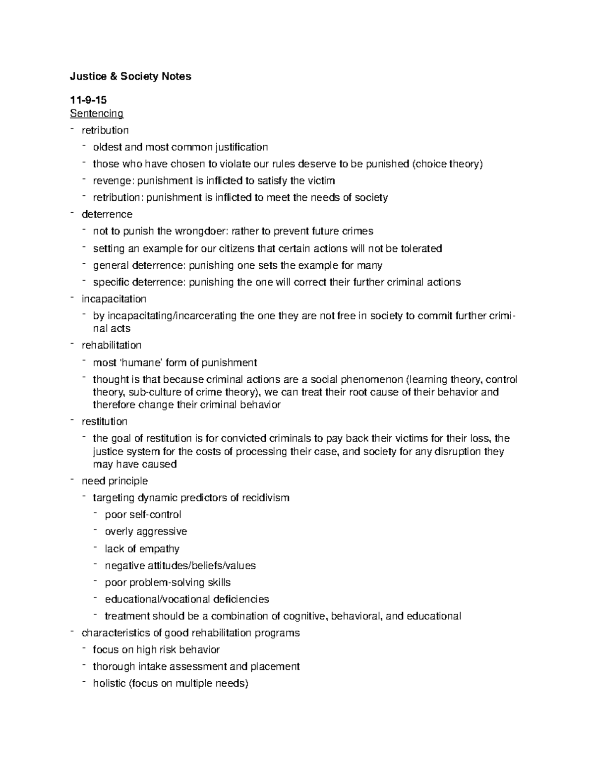 Justice & society notes - Justice & Society Notes 11-9- Sentencing ...