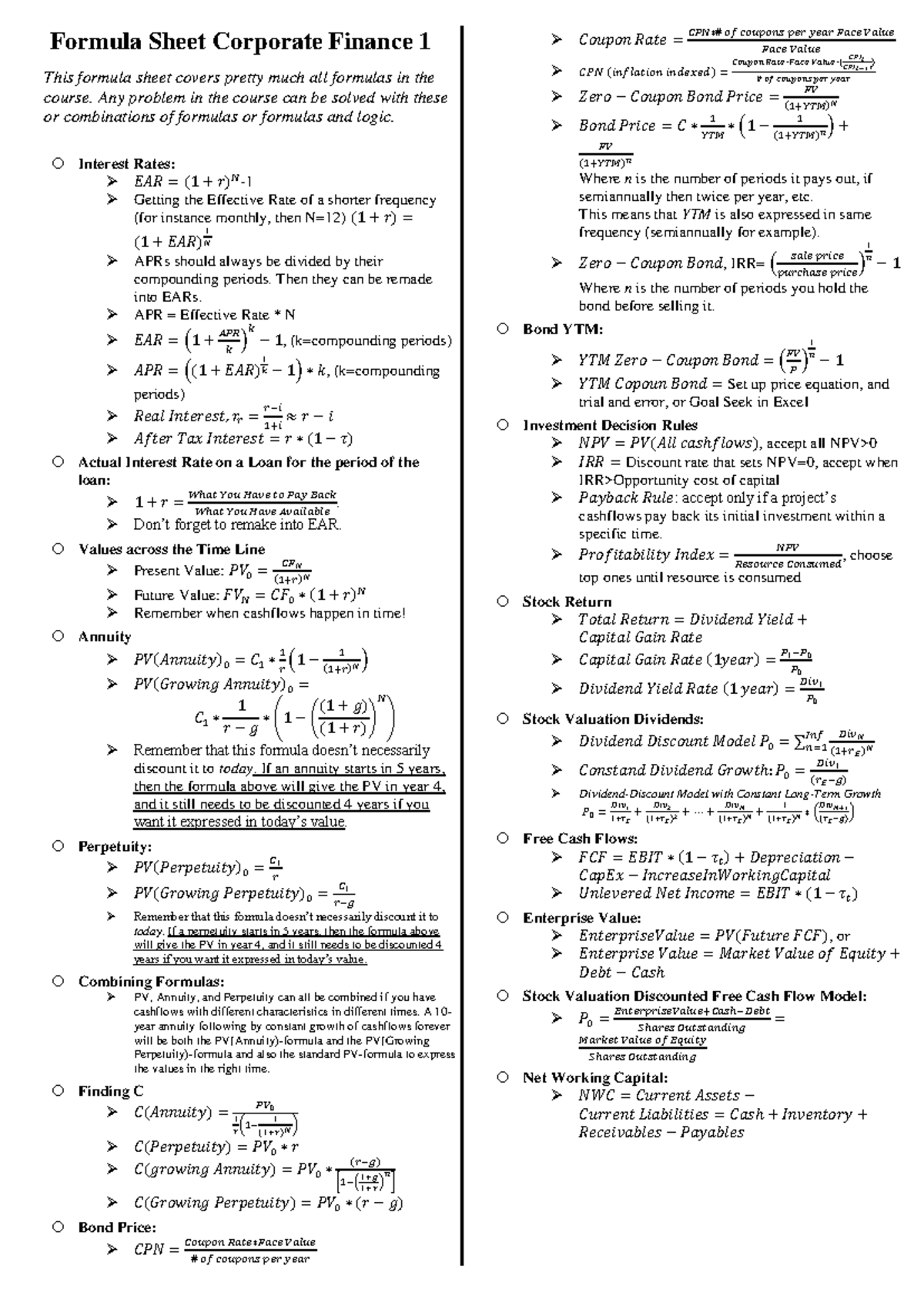 Formula Sheet for corporate finance - Formula Sheet Corporate Finance 1 This formula sheet ...