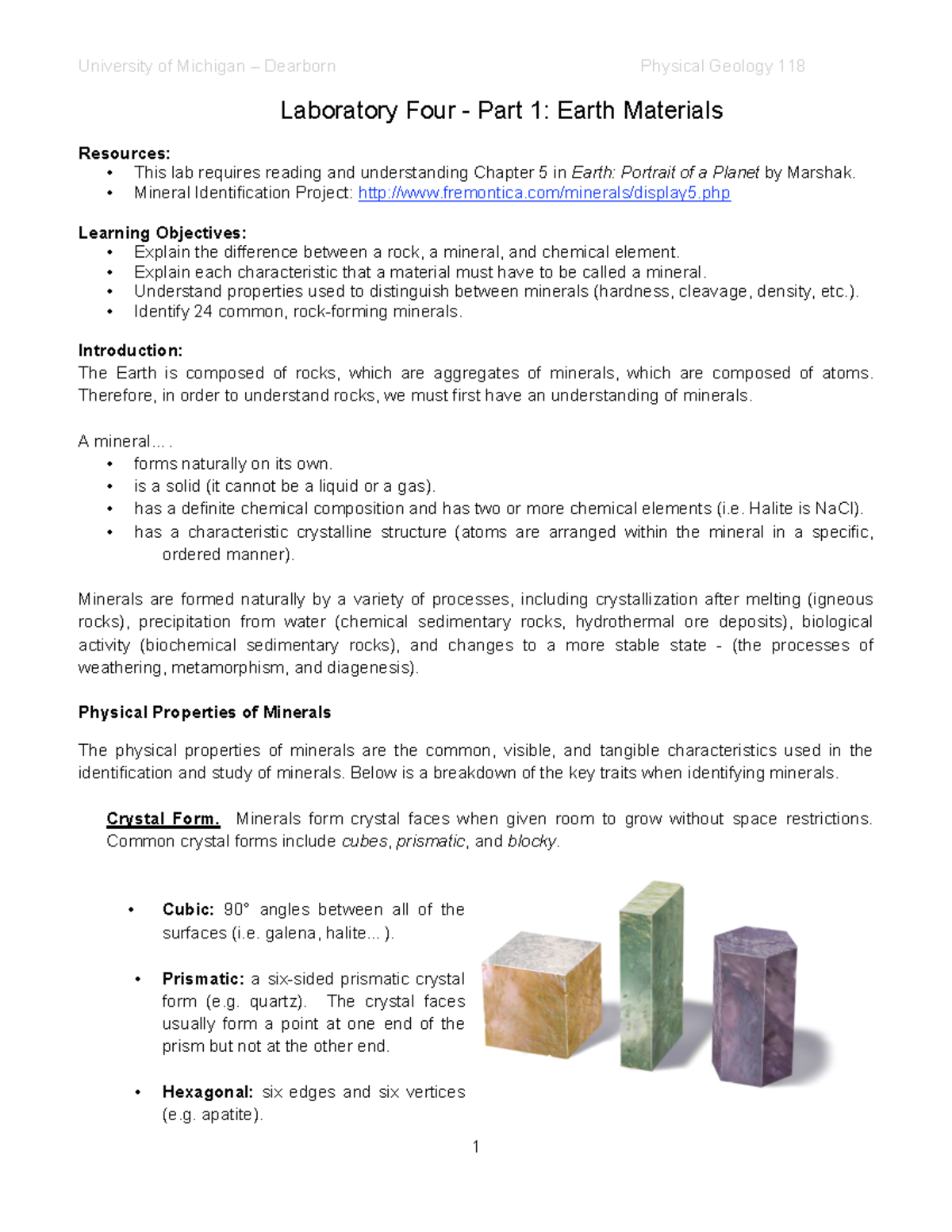 Lab 4A Minerals - Lab #4 for Geology 118. - University of Michigan ...