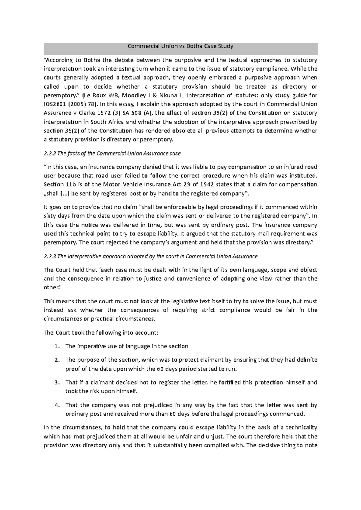 Aids for essay - Commercial Union vs Botha Case Study “According to ...