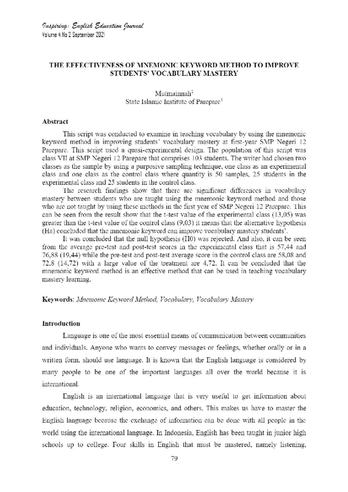 The Effectiveness of Mnemonic Keyword Method to Improve Students ...