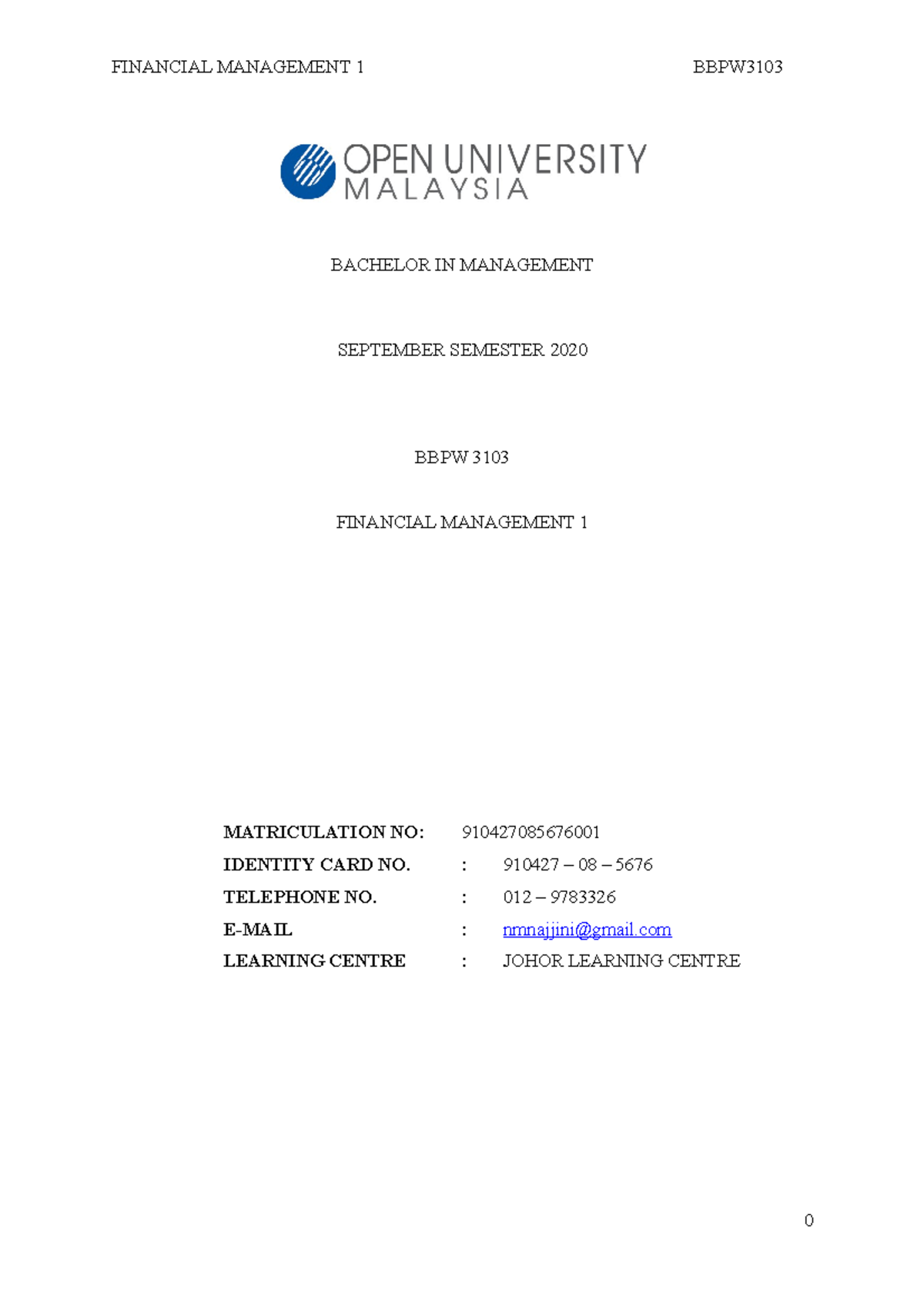 Assignment BBPW3103 - BACHELOR IN MANAGEMENT SEPTEMBER SEMESTER 2020 ...