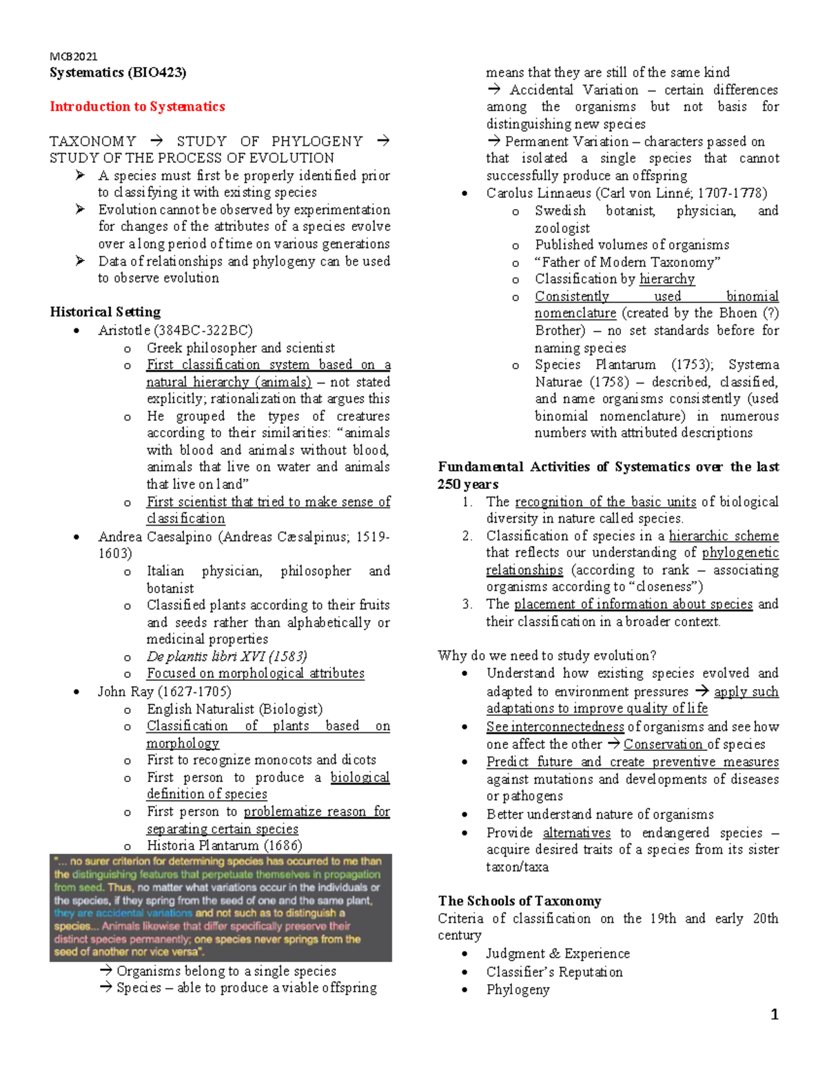 Chapter 1 - Introduction to Systematics - Systematics (BIO423 ...