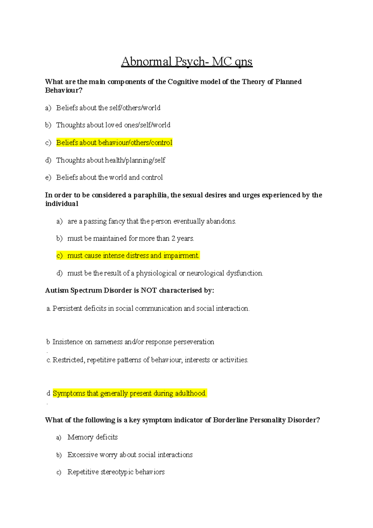 Abnormal Psych Multiple Choice questions - 101681 - UWS - Studocu