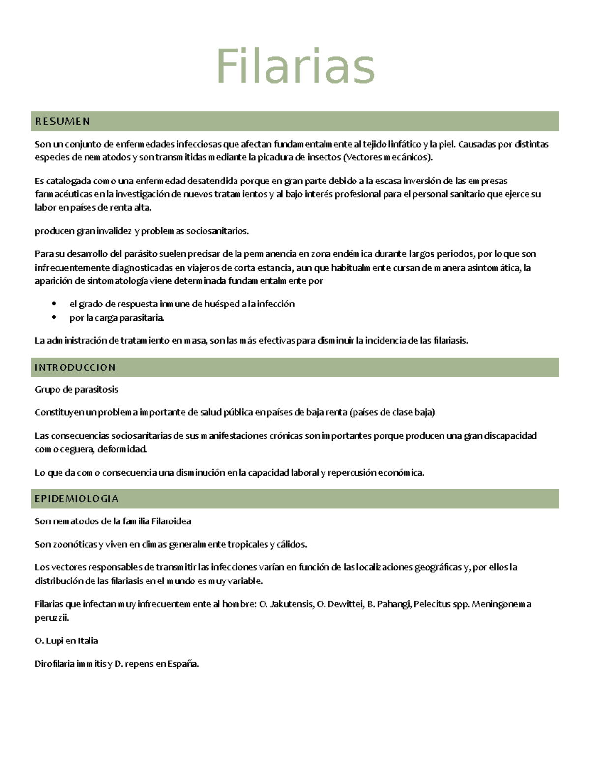 Filarias - Parasitologia 2021 - Filarias RESUMEN Son un conjunto de ...