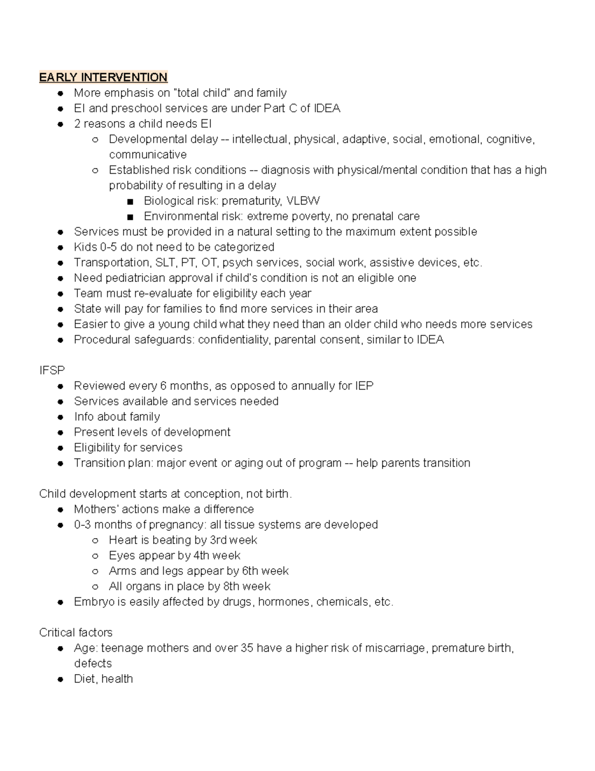 Notes for Final Exam - Taught by Frances Block - EARLY INTERVENTION ...