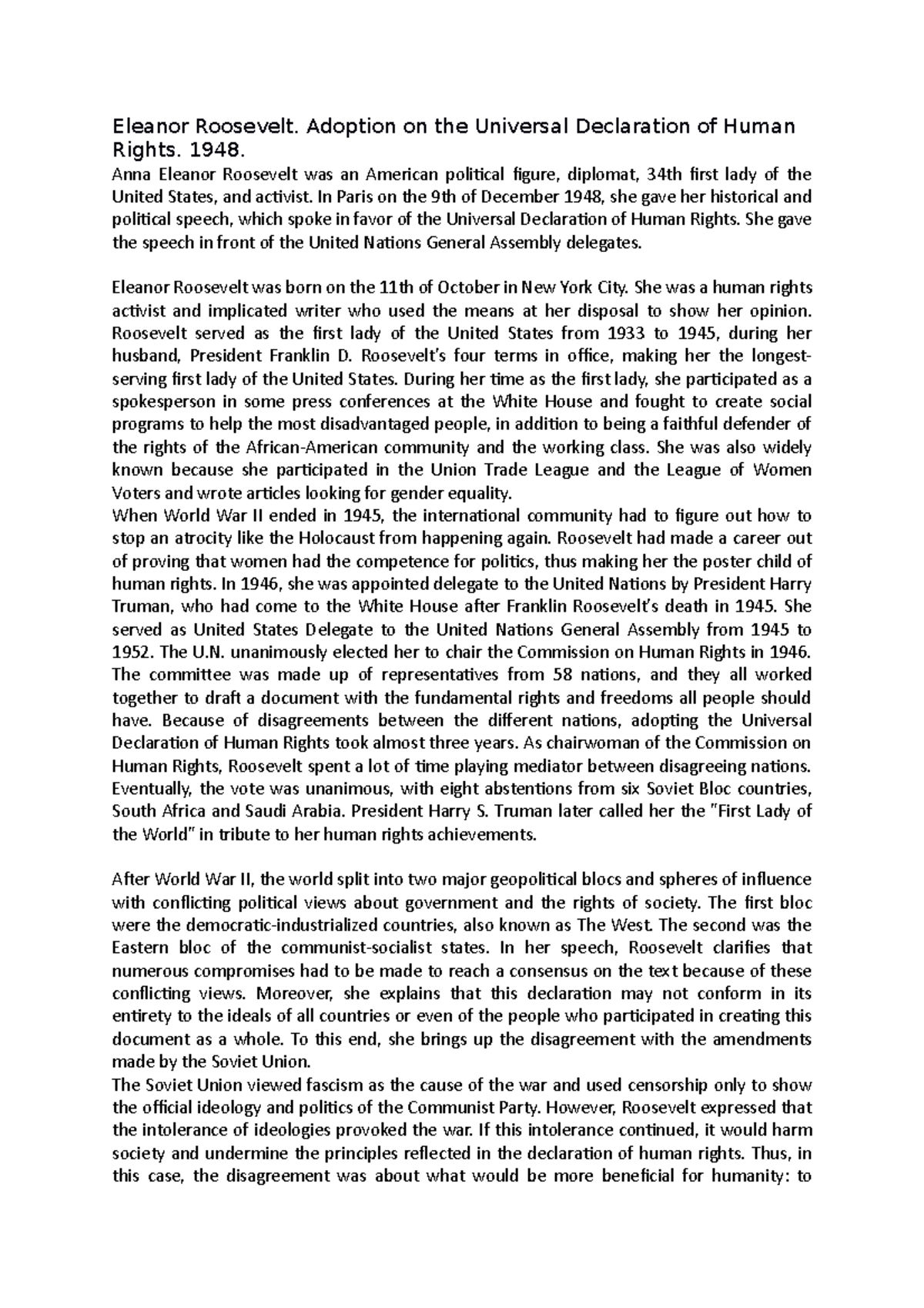 Eleanor Roosevelt - Adoption on the Universal Declaration of Human ...