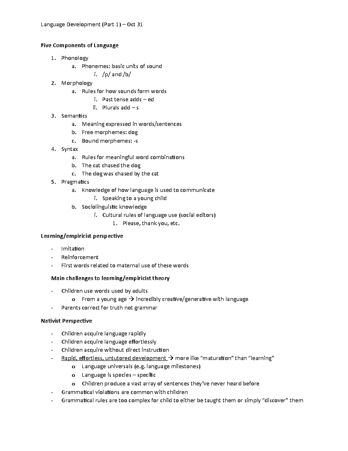 Language Part 1 - Lecture notes 5 - Language Development (Part 1) – Oct ...