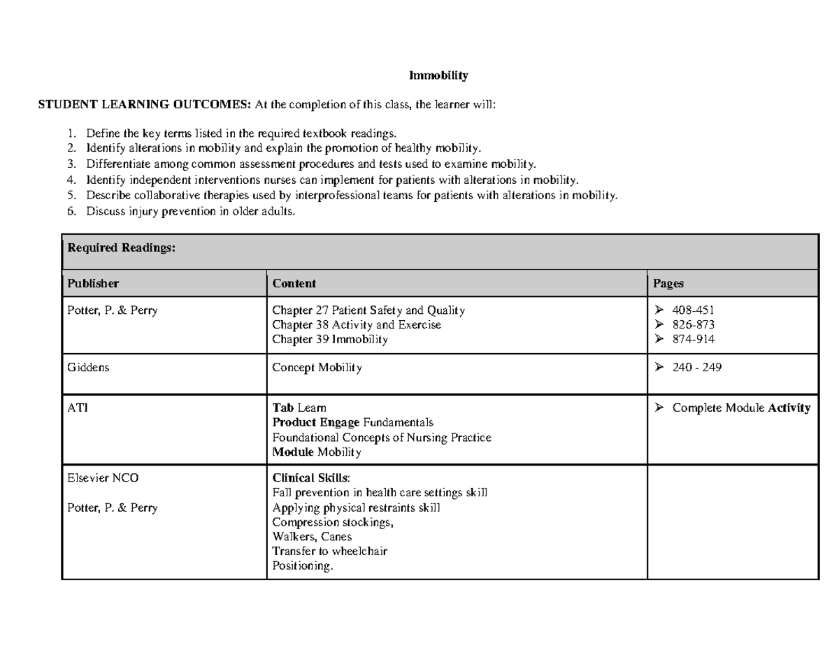 Immobility Concept Tem Plate - Immobility STUDENT LEARNING OUTCOMES: At ...