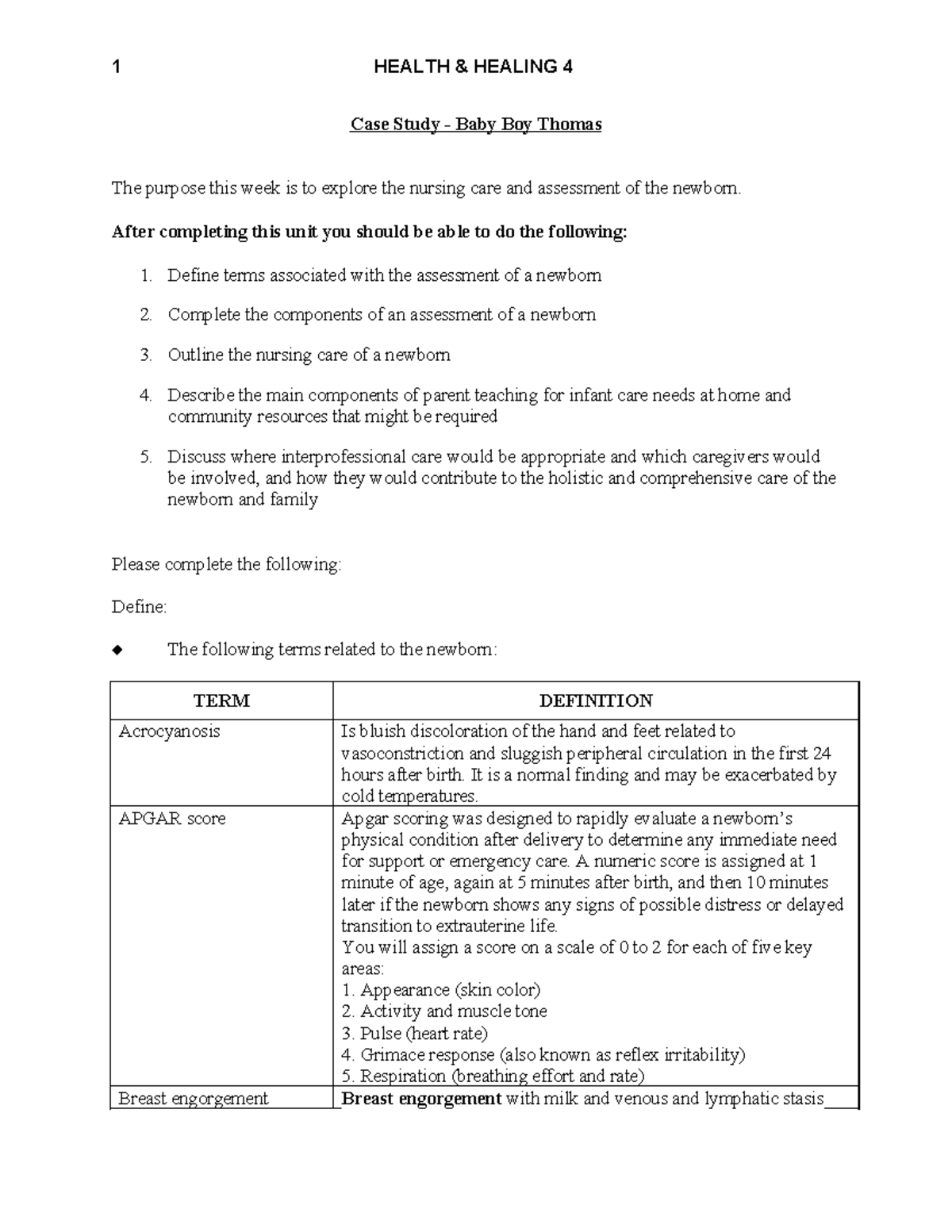 Nursing Care and Assessment of the Newborn Guided Learning Package - Case Study - Baby Boy ...