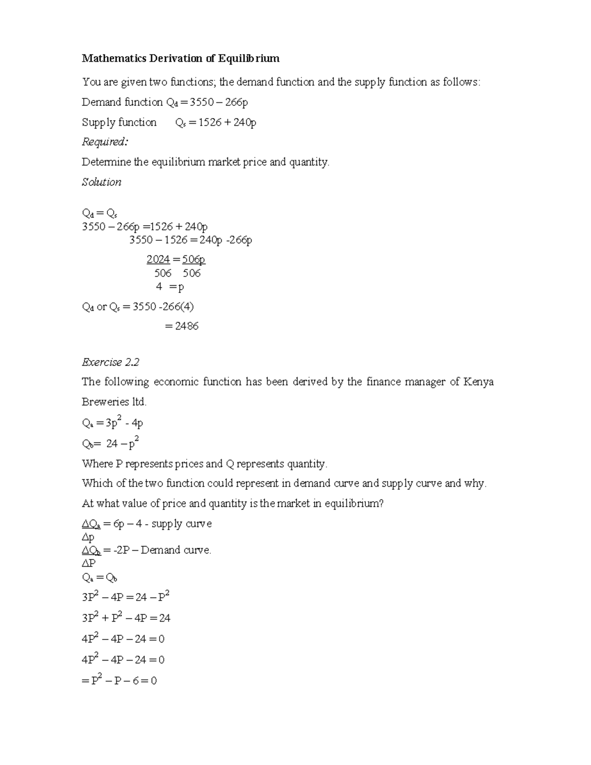 Mathematics Derivation of Equilibrium - Solution Qd = Qs 3550 – 266p ...