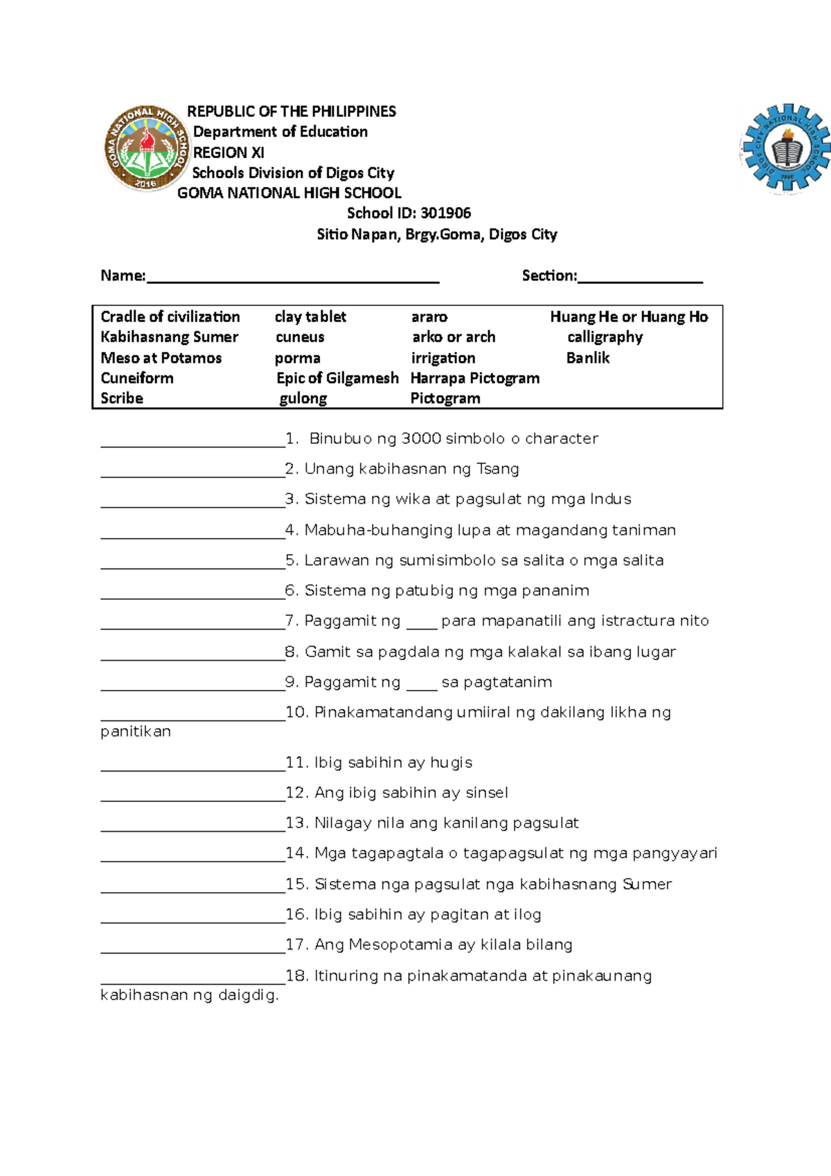 AP quiz - LESSON - REPUBLIC OF THE PHILIPPINES Department of Education ...