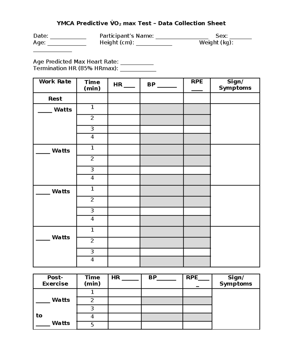 YMCA Data Collection Sheet - YMCA Predictive V̇O 2 max Test – Data ...