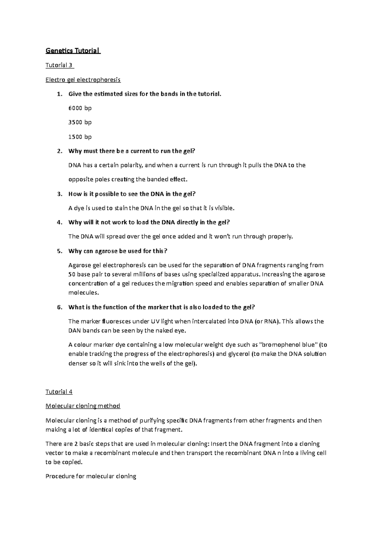 Genetics Tutorial - ANSWERS - Genetics Tutorial Tutorial 3 Electro gel ...
