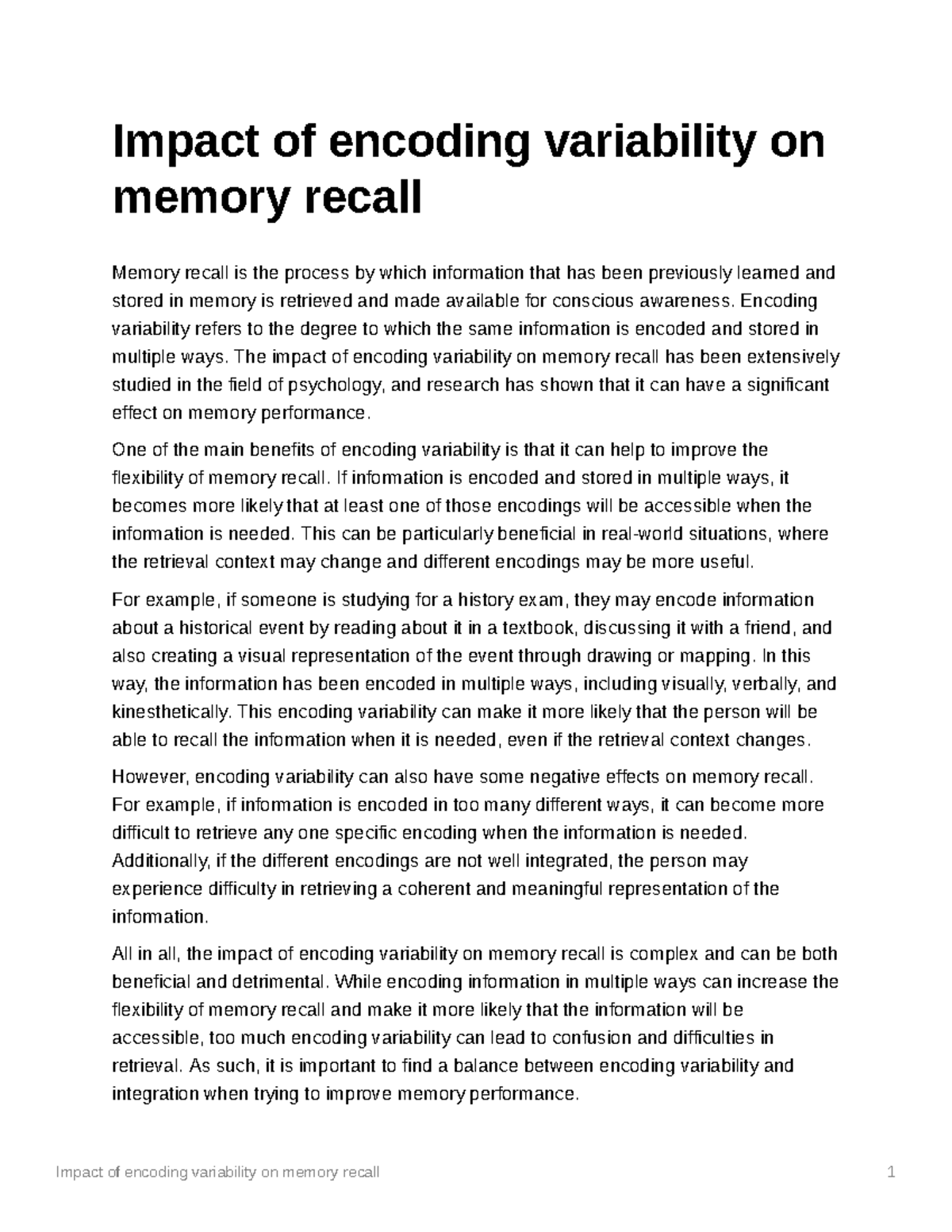 Impact Of Encoding Variability On Memory Recall Encoding Variability