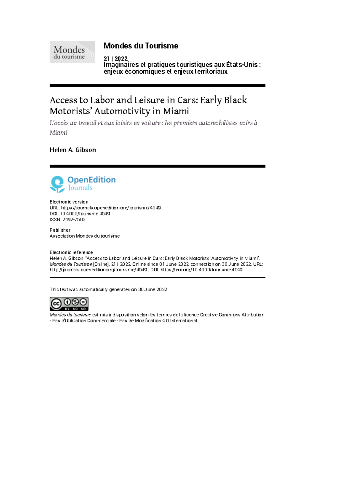 Access to Labor and Leisure in Cars - Mondes du Tourisme 21 | 2022 ...