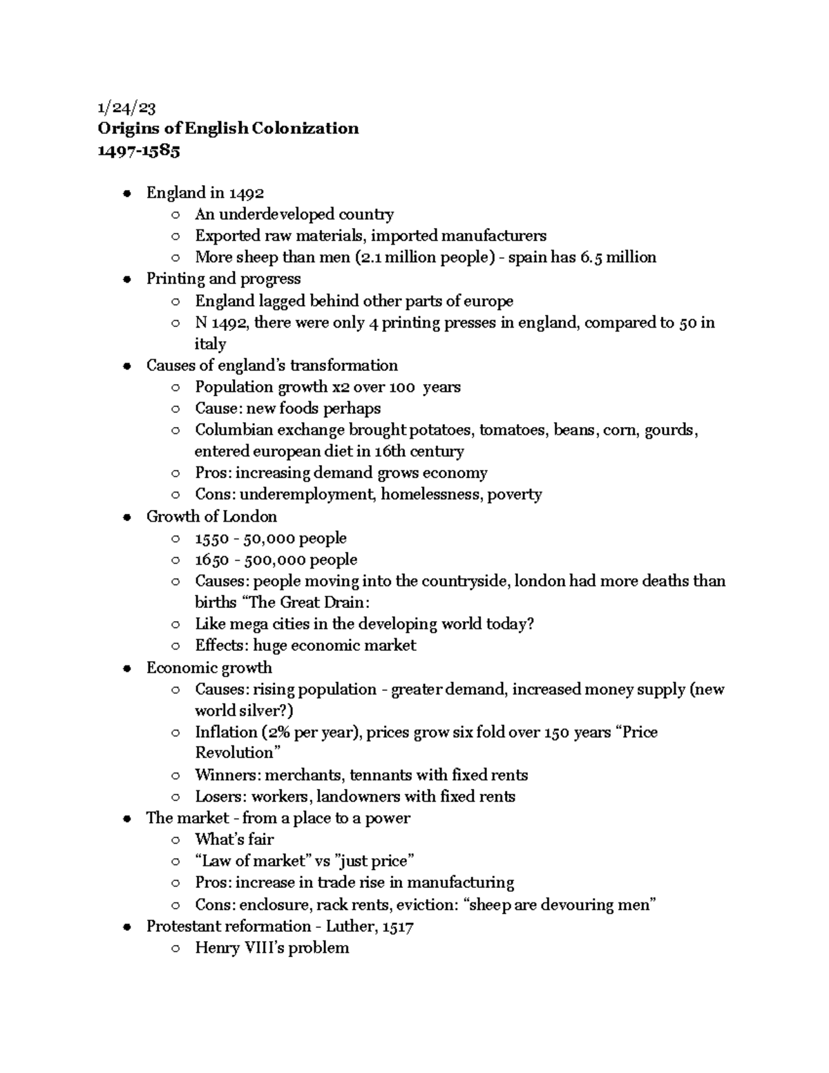 1 24 23 Lecture Notes - 1/24/ Origins of English Colonization 1497 ...