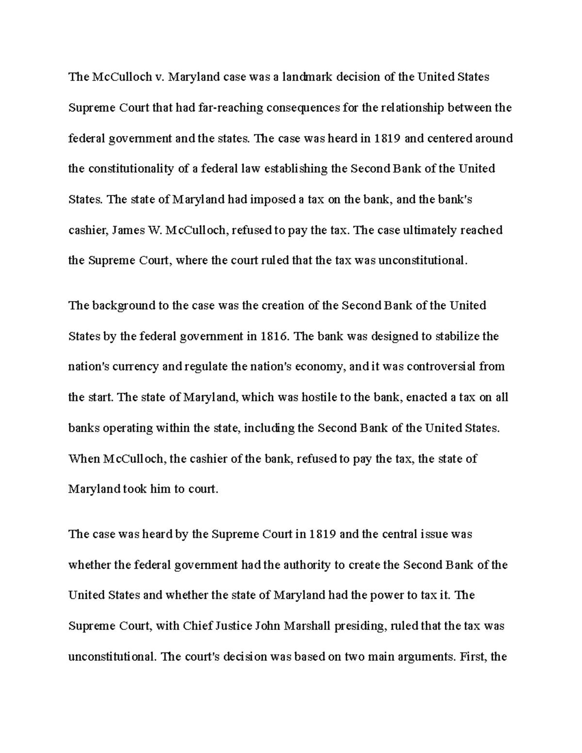 Mc Culloch v. Maryland Notes - The McCulloch v. Maryland case was a ...