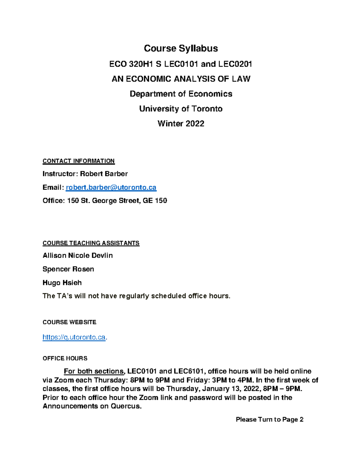 ECO320 Winter 2022 Syllabus - Course Syllabus ECO 320H1 S LEC0 101 and ...