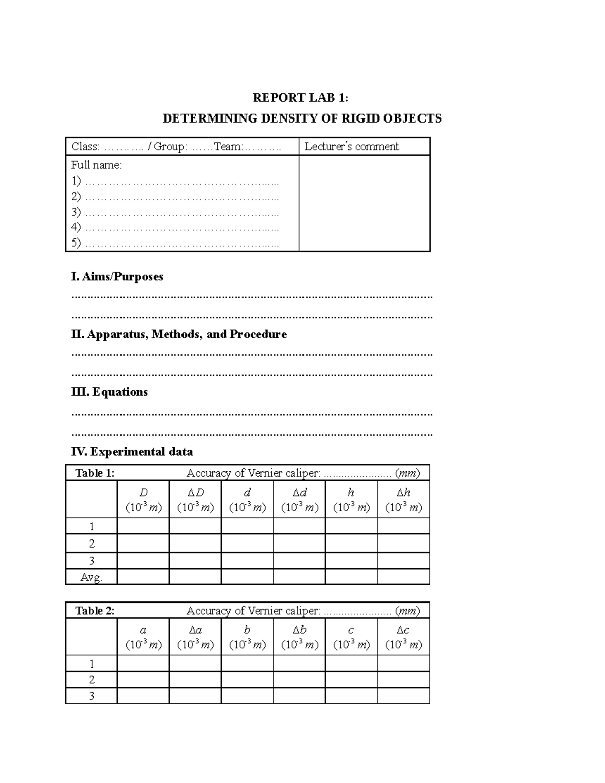 Report Lab 1 Fujufjew Report Lab 1 Determining Density Of Rigid Objects Class