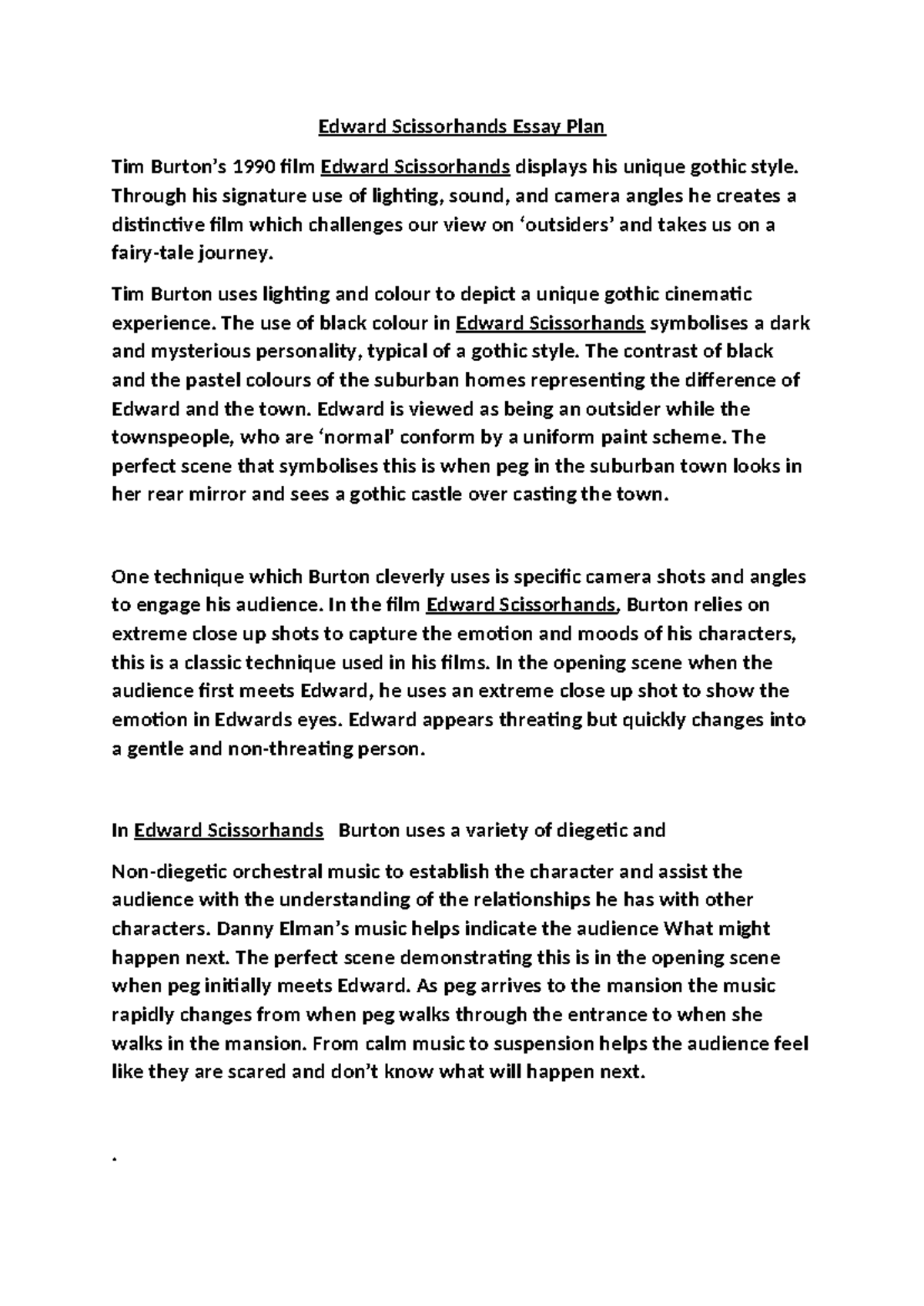 Edward Scissorhands Essay Plan - Through his signature use of lighting ...