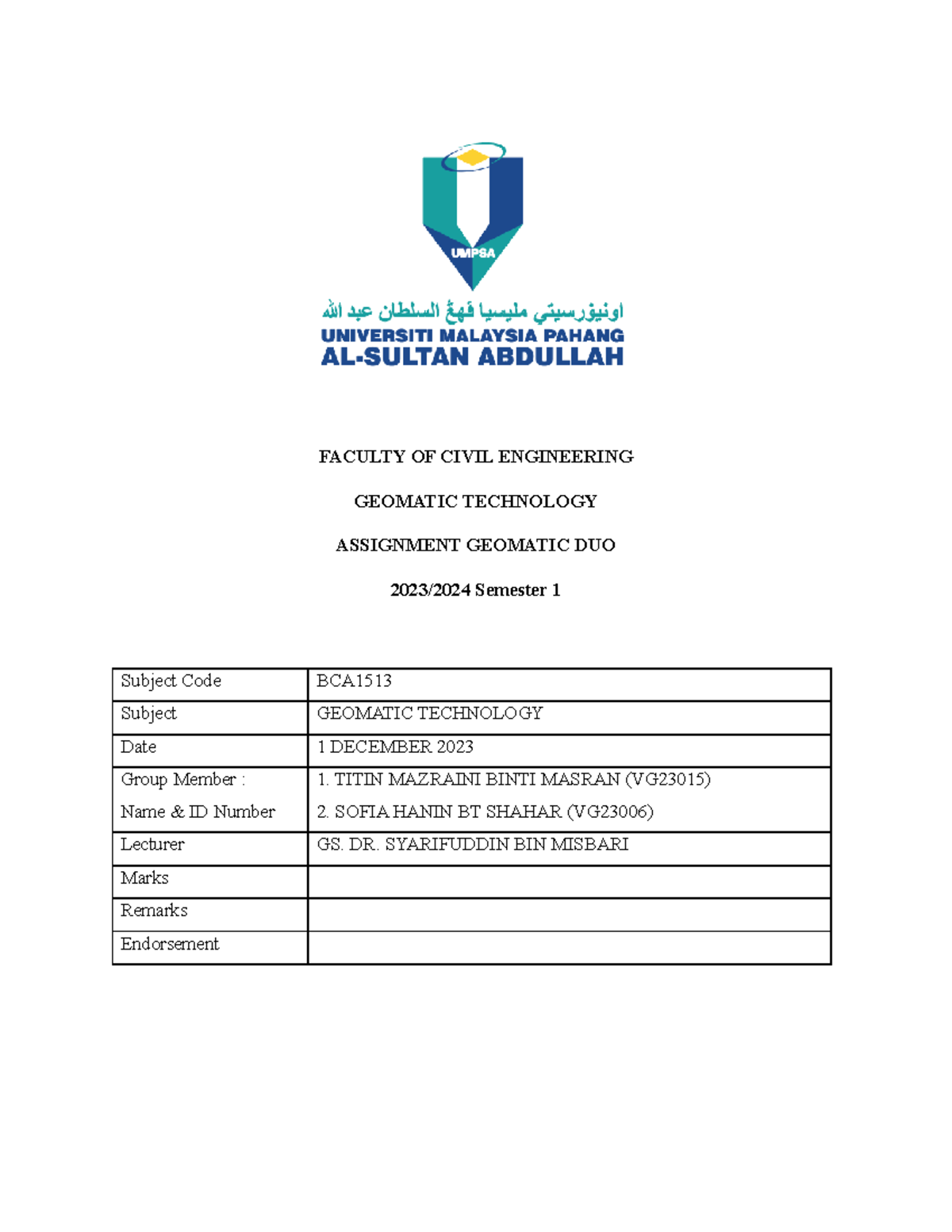 Assignment geomatic duo - FACULTY OF CIVIL ENGINEERING GEOMATIC ...