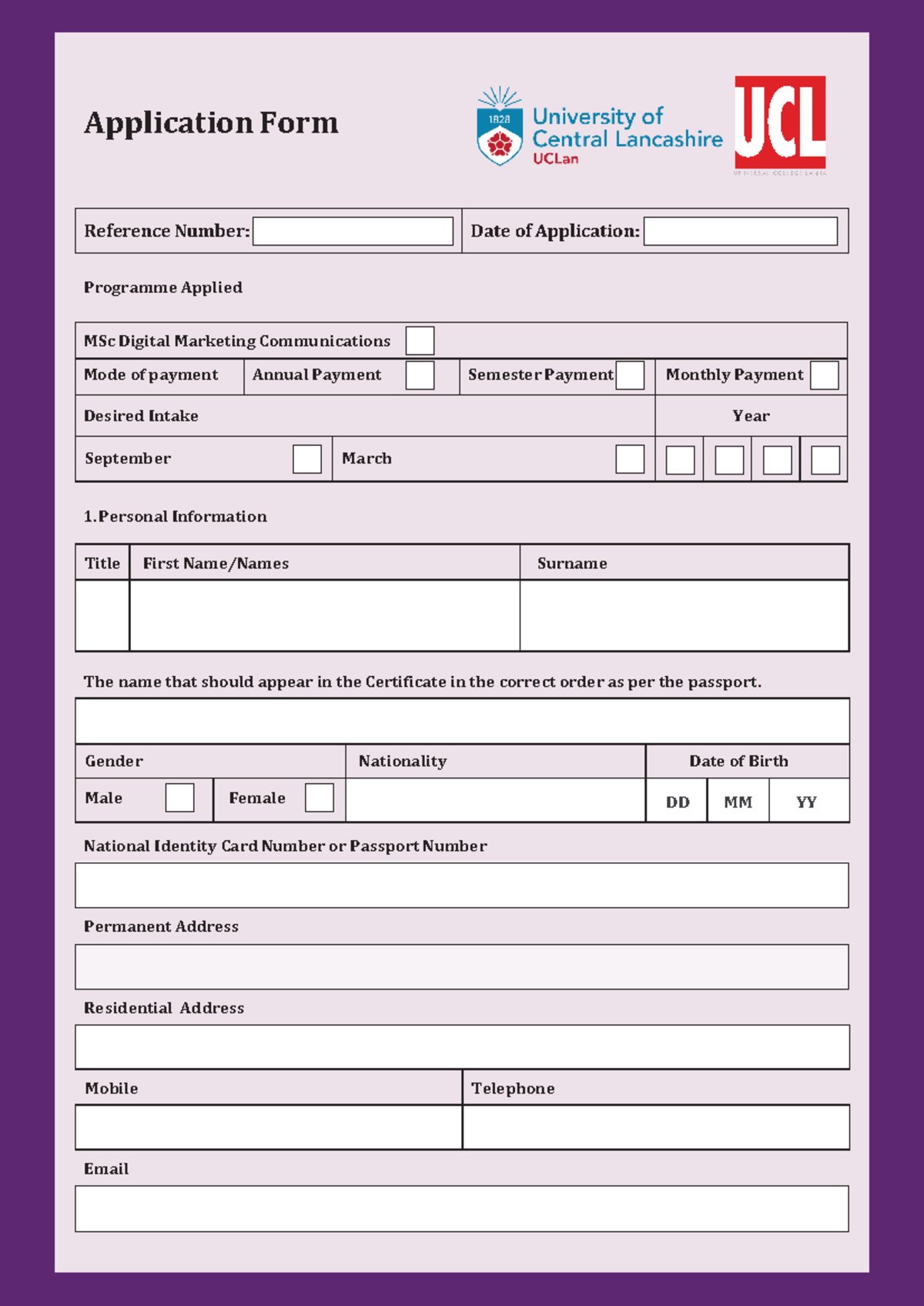 Application Form MSc - UAE - Application Form Reference Number: Date of ...