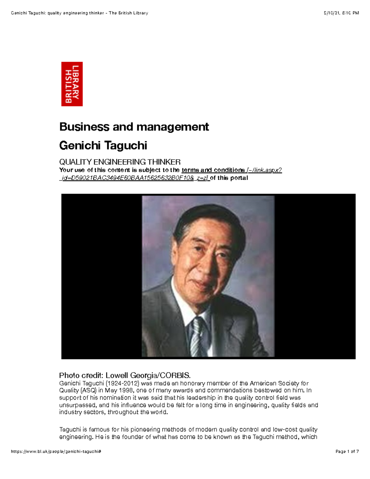 Genichi Taguchi: quality engineering thinker - The British Library ...