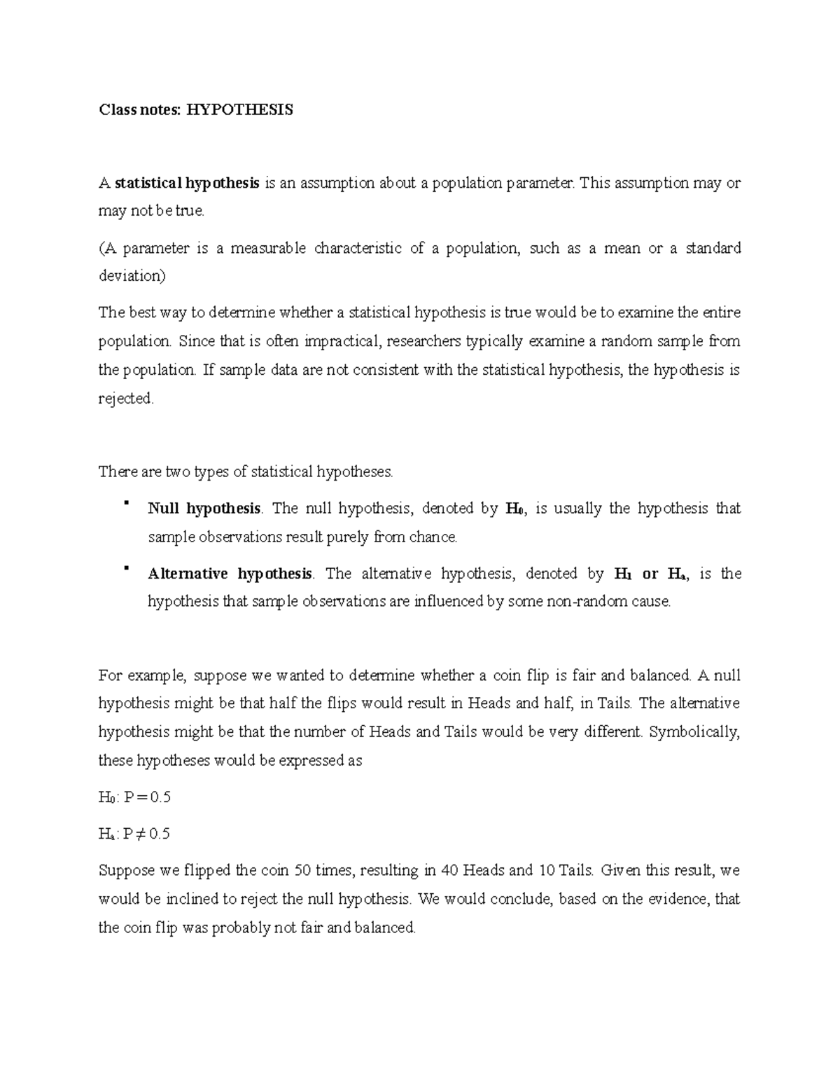 Class notes - Hypothesis - Class notes: HYPOTHESIS A statistical ...