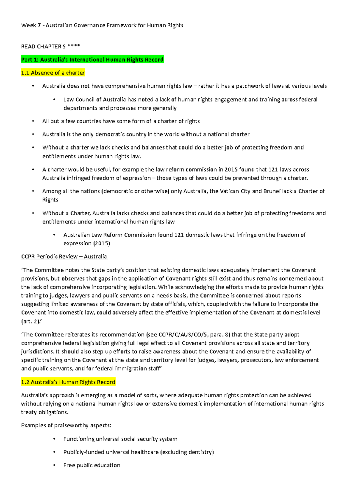 Week 7 - gov framework for human rights law - READ CHAPTER 9 **** Part ...