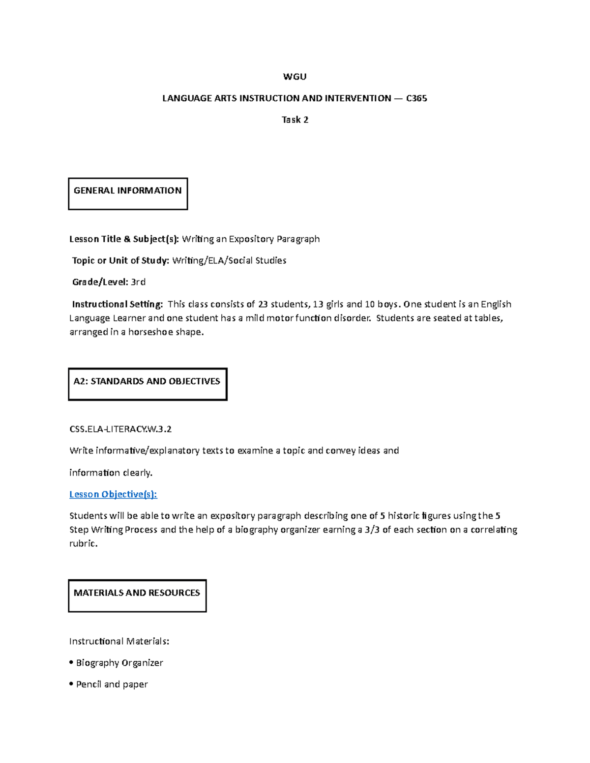 365 task2 ela - ELA - WGU LANGUAGE ARTS INSTRUCTION AND INTERVENTION ...