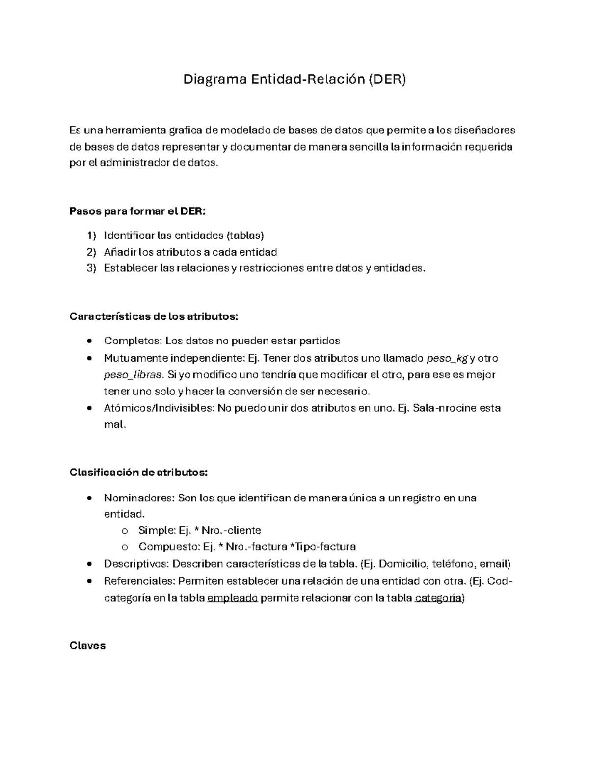 DB Resumen 1er Parcial - Diagrama Entidad-Relación (DER) Es una ...