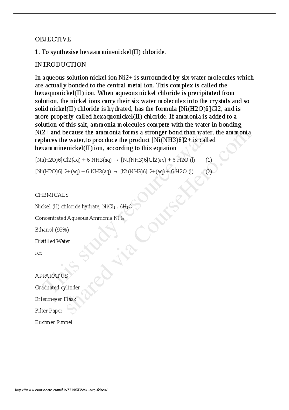 Skt exp 6 - Assignments - OBJECTIVE 1. To synthesise hexaamminenickel ...