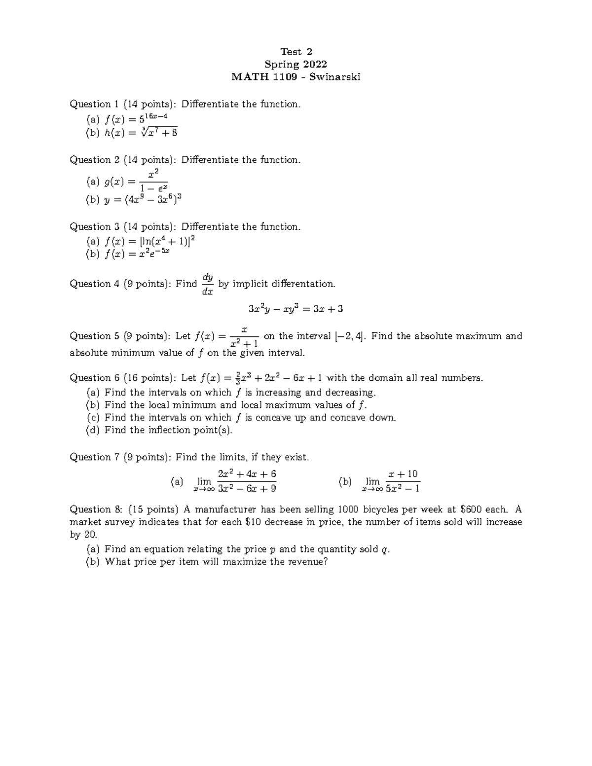 MATH 1109 Spring 2022 Test 2 - Test 2 Spring 2022 MATH 1109 - Swinarski ...