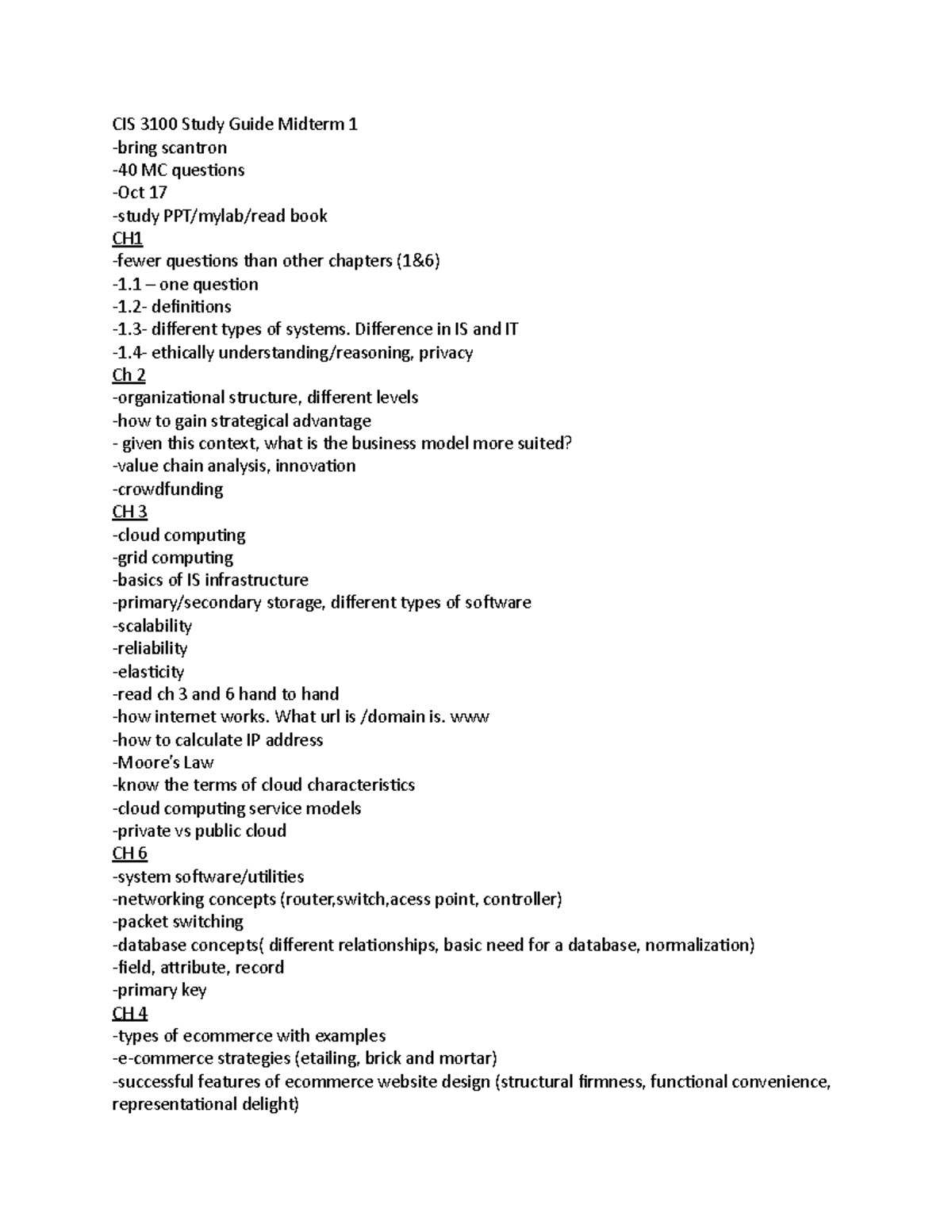 CIS 3100 Study Guide Midterm 1 - CIS 3100 Study Guide Midterm 1 -bring scantron -40 MC questions ...
