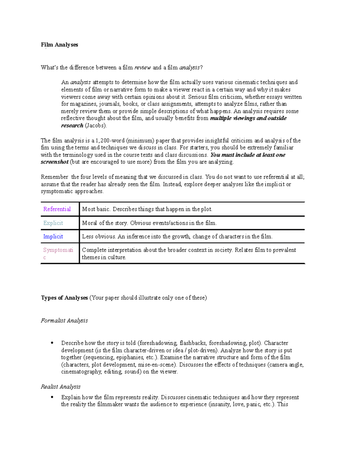 Film analyses instructions - Film Analyses What’s the difference ...