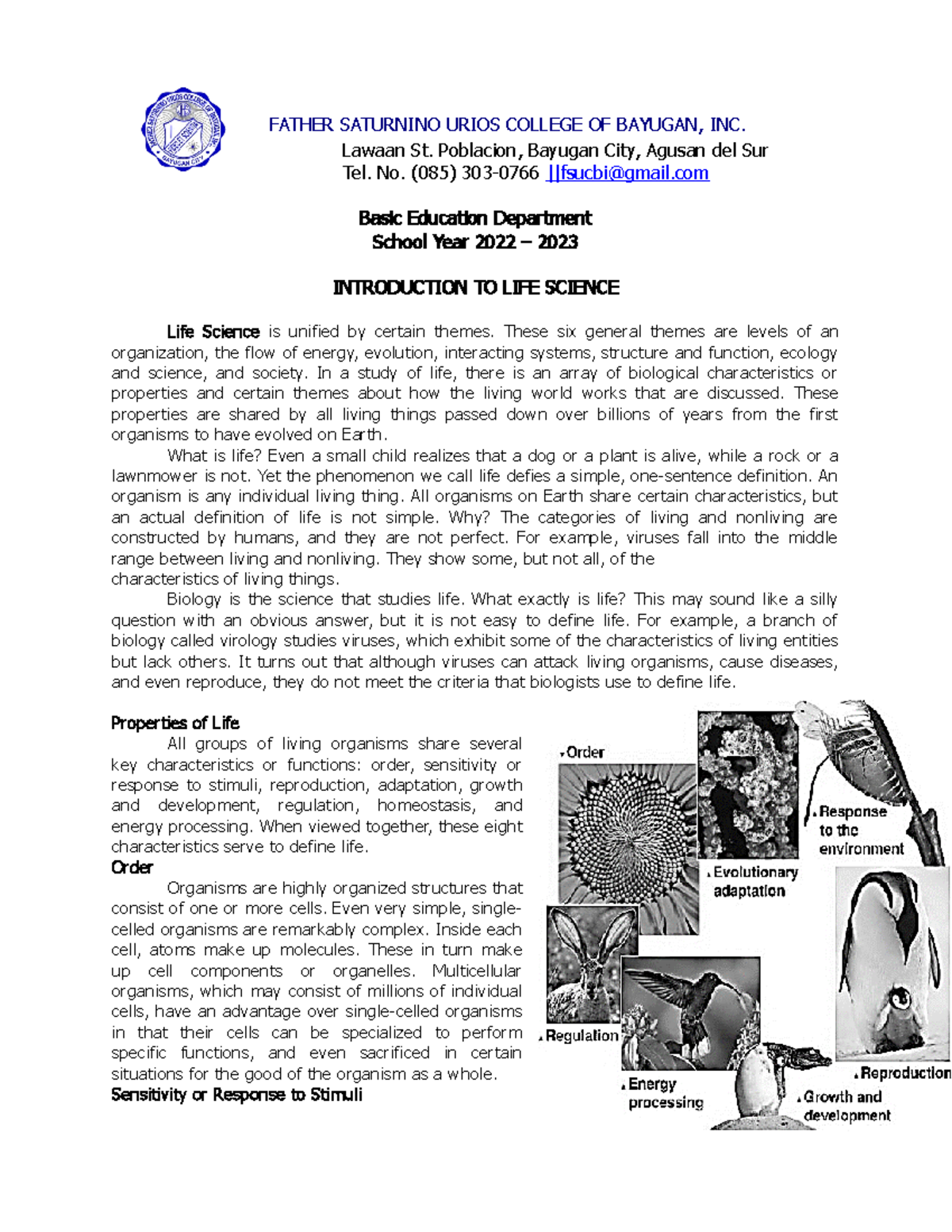 Introduction TO LIFE Science - FATHER SATURNINO URIOS COLLEGE OF ...