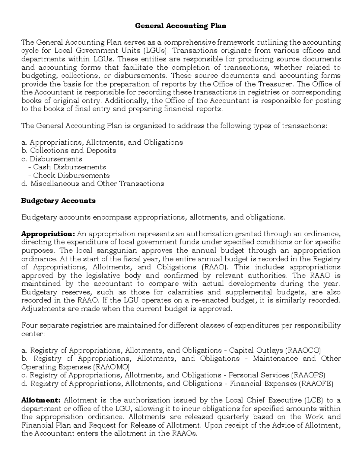 General Accounting Plan - Transactions originate from various offices ...
