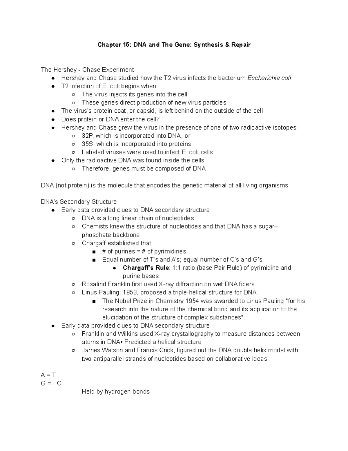 Chapter 15: DNA and The Gene: Synthesis & Repair - Chapter 15: DNA and ...